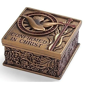 Confirmed In Christ Dove Bronze Tone 2.75 x 2.75 Resin Stone Memory Trinket Box