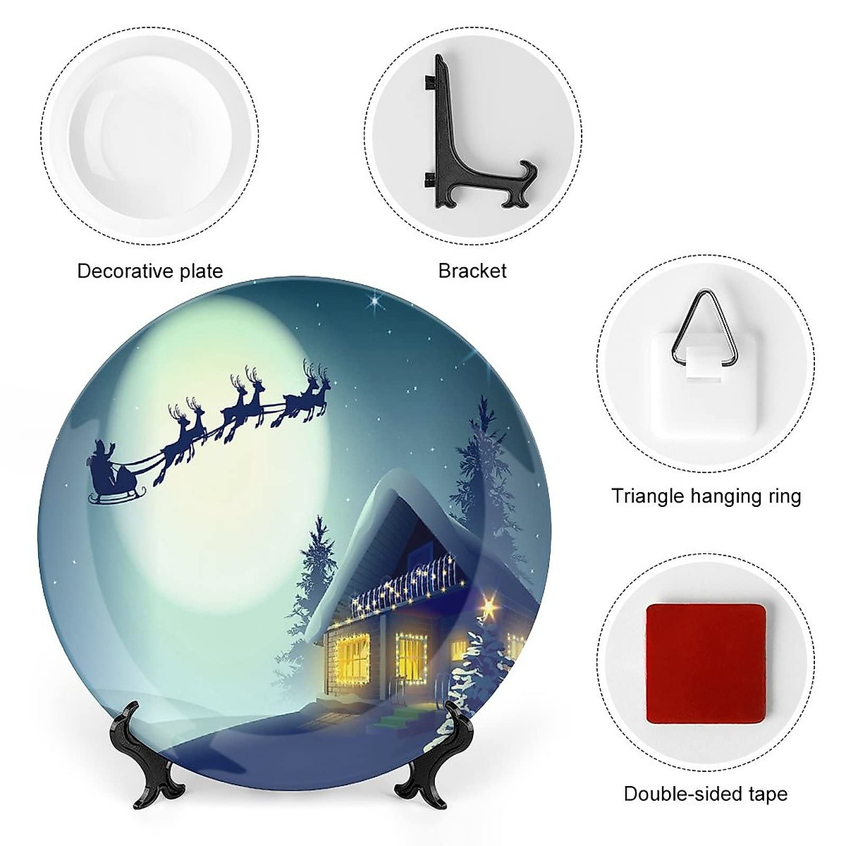 XISUNYA 8 Inch Decorative Plate, Christmas Santa Ceramic Plate, Claus and Reindeer Flying Over Christmas House Print Ceramic Wall Hanging for Home Office Party Dinner Table Decor, Multy
