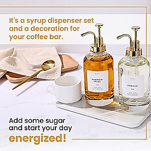 Molimoli Coffee Syrup Dispenser for Coffee Bar, Coffee Pump Dispenser, Glass Syrup Bottle w. Pumps and Labels, 16.9 oz 500 ml, Set of 2, Gold