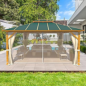 MELLCOM 12' x 14' Hardtop Gazebo, Wooden Grain Coated Aluminum Frame Outdoor Gazebo with Aluminum Double Roof, Blackish Green Metal Gazebo with Curtains and Nettings for Patios, Gardens, Lawns