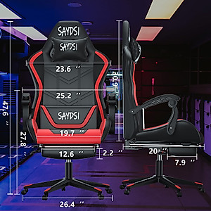 SAYDSI Gaming Chair Computer Chair Leather High Back Chair Racing Executive Ergonomic Office Chair with Height Adjustment, Footrest，Headrest and Lumbar Support Sports Swivel Chair(Red)