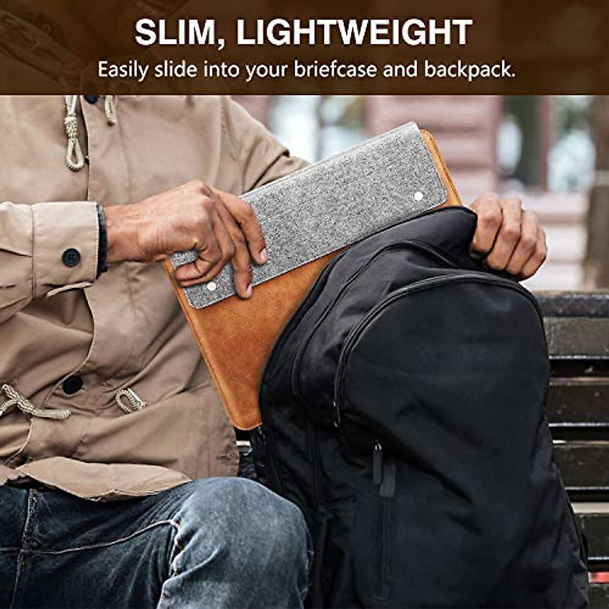 MoKo 13-13.3 Inch Laptop Sleeve Fits MacBook Pro 13" M2/M1, MacBook Pro 14", MacBook Air 13.3", iPad Pro 12.9", Surface Pro 9/8 13", Felt & PU Leather Case Bag with Pocket, Gray&Brown