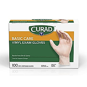 Curad Basic Care Vinyl Exam Gloves, Disposable, One Size Fits Most (100 Count)