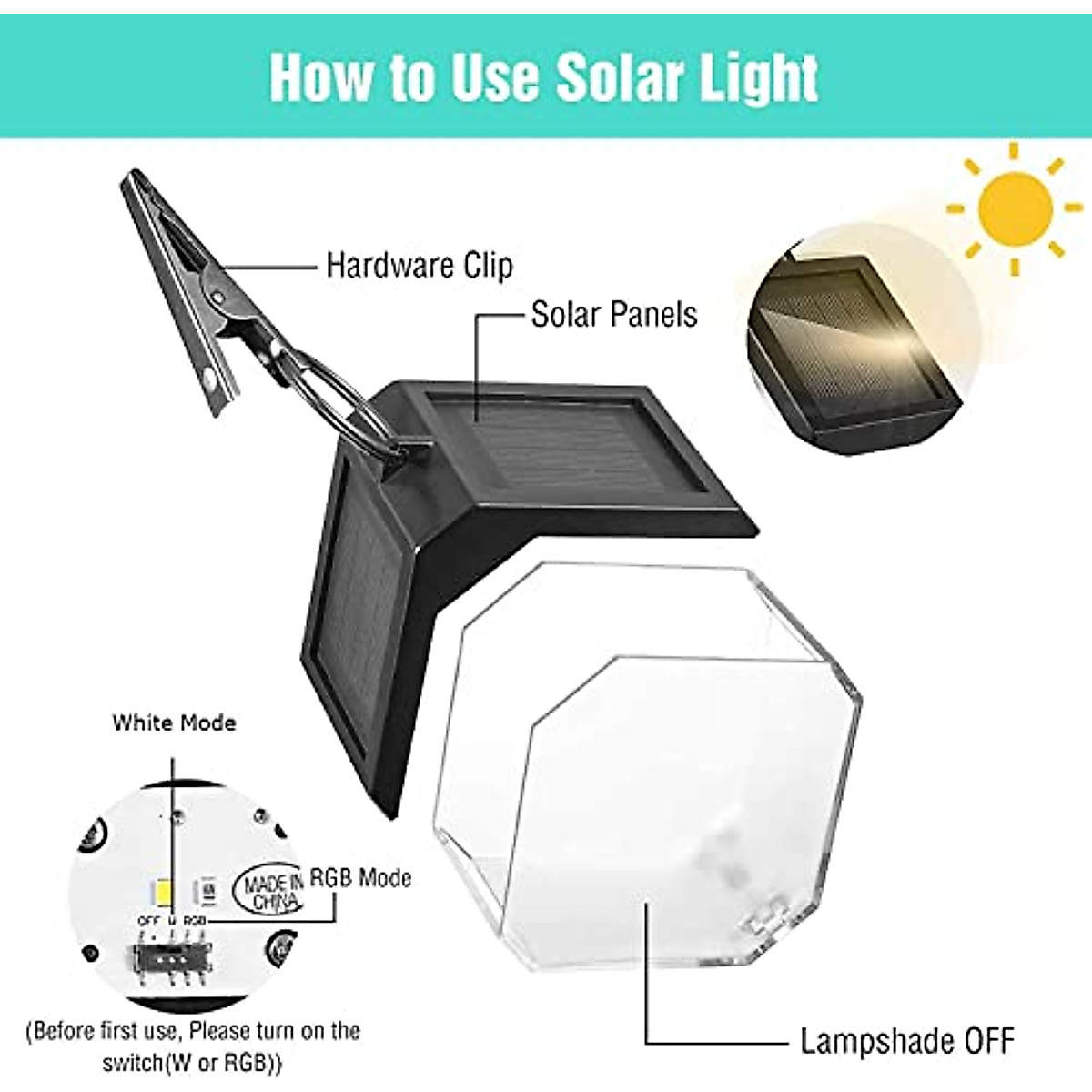 ELELINK Solar Hanging Lights Decorative Lamp White/RGB Mode Lighting for Christmas Tree Patio Garden Fence Post, Fixture with Wall Mount Kit & Hanging Clipper