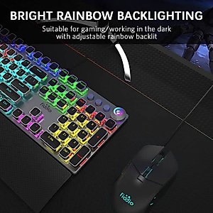 Fiodio Mechanical Gaming Keyboard, LED Rainbow Gaming Backlit, 104 Anti-ghosting Keys, Quick-Response Black Switches, Multimedia Control for PC and Desktop Computer, with Removable Hand Rest