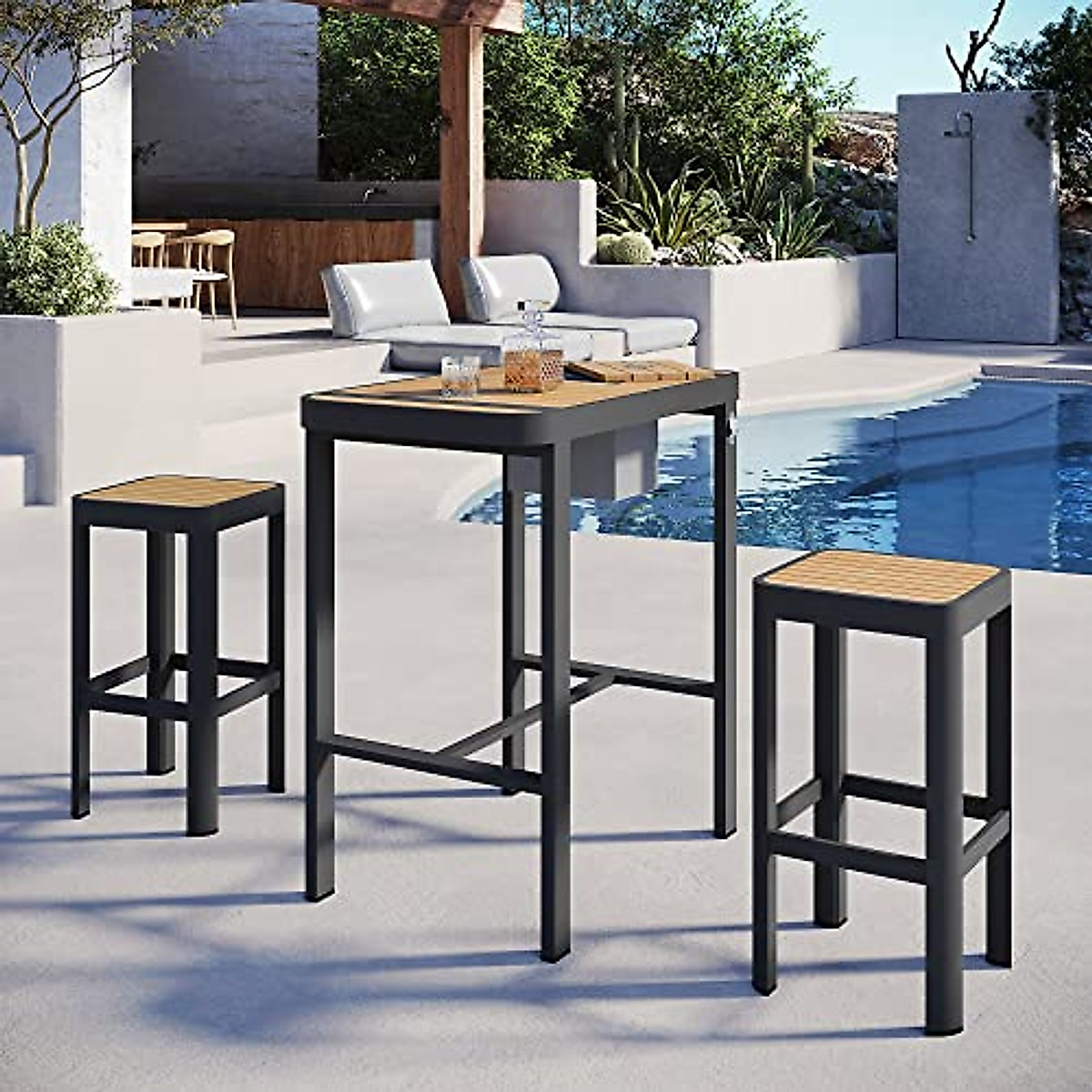 EAST OAK Signature 3-Piece Outdoor Bar Set, Patio Table with Teak Wood and Aluminum, Outdoor Patio Furniture for 2, Outdoor High Top Table and Chairs Set for Backyard, Garden and Pool, Dark Grey