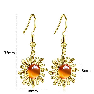 14K Gold Sun Drop Dangle Earrings for Women Unique Orange Carnelian Hippie Earrings Crystal Sun Jewelry Gifts (Sun Earrings)