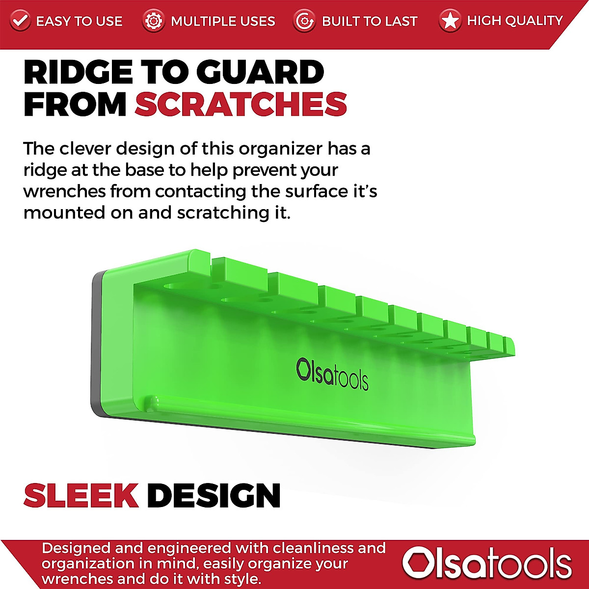 Olsa Tools Magnetic Wrench Holder Organizer (Green) Polypropylene | Fits SAE 3/8" Thru 15/16" & Metric 10mm Thru 19mm | Professional Grade