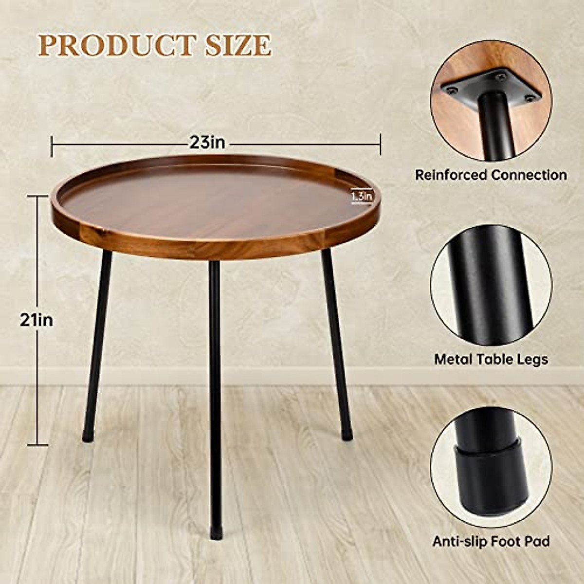 Yoimori End Table, 23 inch Wooden Round Coffee Table Nightstand with Tray and Metal Stand, Accent Table Ideal for Living Room Bedroom Office Small Spaces Indoor Outdoor