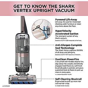 Shark AZ2000W Vertex Upright Vacuum DuoClean PowerFins Powered Lift-Away Self-Cleaning Brushroll and HEPA Filter and Active Glide Technology, 1 Quart Dust Cup Capacity, Rose Gold (Renewed)