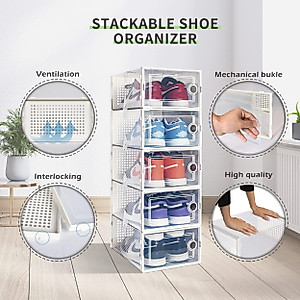 Hrrsaki 15 Pack Shoe Storage Boxes, Shoe Boxes Clear Plastic Stackable, Shoe Organizer Boxes with Front Opening Lids, Ventilation and Dust-proof, Shoe Container Boxes for Closet, Bedroom, Bathroom