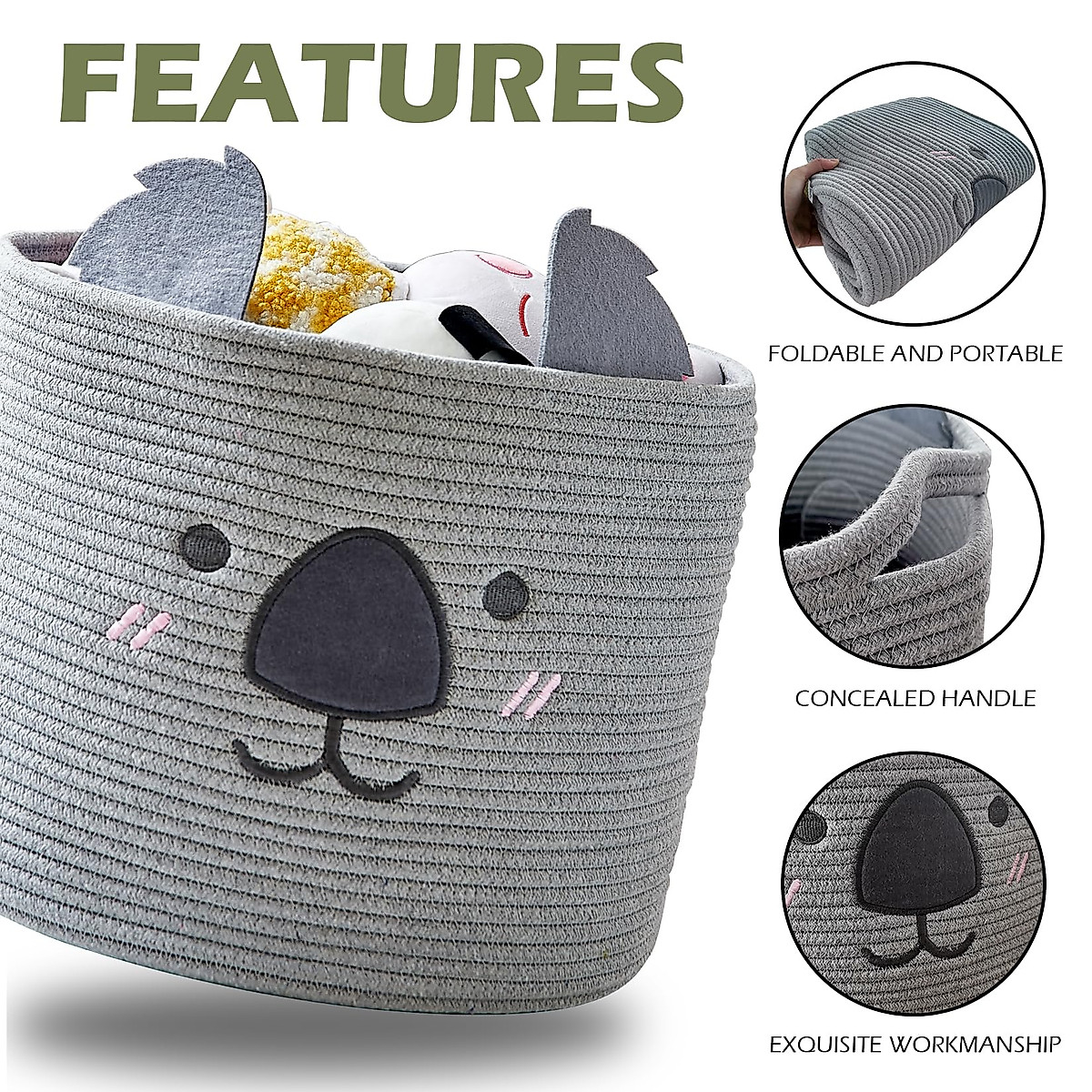 OMERAI Animal Baskets Cotton Rope Storage Basket Woven Toy Basket Large Basket for Blankets Cute Koala Basket with Handles Foldable Animal Laundry Basket Nursery Basket Organizer, 15"D x 12.6"H (Grey)