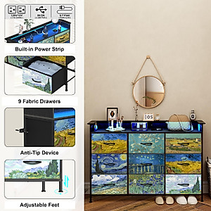 Welfuturer Dresser for Bedroom with 9 Drawers Van Gogh Dressers & Chest of Drawers Fabric Clothes Drawer Fabric Closet Organizer for Living Room Entryway Closet Nursery Sturdy Steel Frame Wood Top
