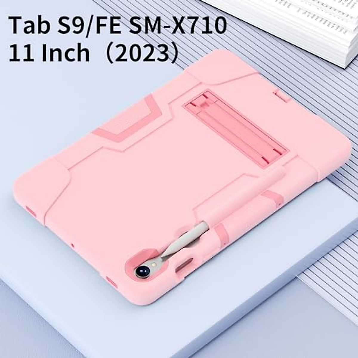 Kezigud Shockproof Kickstand Case for Galaxy Tab S9 11''/S9 FE 10.9'', Heavy Duty Hybrid Rugged Three Layer Soft Silicone+Hard PC with S-Pen Holder Cover for Samsung Tab S9/S9 FE 2023(Rose Gold)