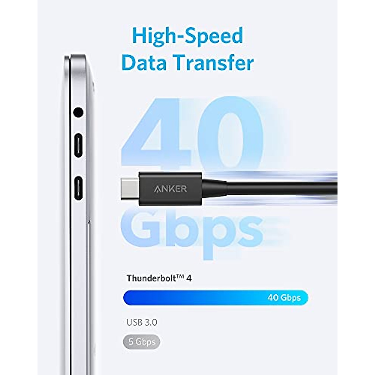 Anker Thunderbolt 4 Cable 2.3 ft, USB-C to USB C Cable, Supports 8K Display/40Gbps Data Transfer/100W Charging, for iPhone 15 Pro, MacBooks, iPad Pro (Intel Thunderbolt Certified), Monitor Connection