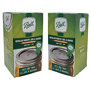 Regular Mouth, 12 Lids with Bands per Pack - (2 Pack) - Ball Regular Mouth Lids and Bands - Canning Lids and Bands Regular Mouth For Ball, and Kerr Mason Jars + M.E.M Rubber Jar Opener Included