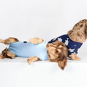 Fitwarm 2 Pack Shark Dog Recovery Suit for Surgery Spay Neuter, Surgical Onesie for Male and Female Dogs, Body Suits for Prevent Licking Wounds, Breathable Cotton, Navy Blue, Light Blue, Large