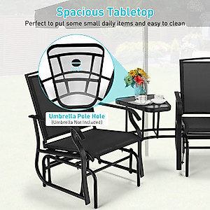 Giantex Outdoor Glider Chairs with Table & Umbrella Hole, Patio 2-Seat Rocking Chair Outside Loveseat Swing w/Breathable Fabric for Garden, Backyard, Poolside, Lawn Metal Glider Bench(Dark)