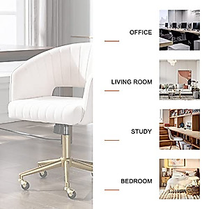 Qtivii Velvet Home Office Chair, Modern Office Chair with Gold Base, Home Office Desk Chair for Living Room, Bedroom, Vanity, Study (Beige)