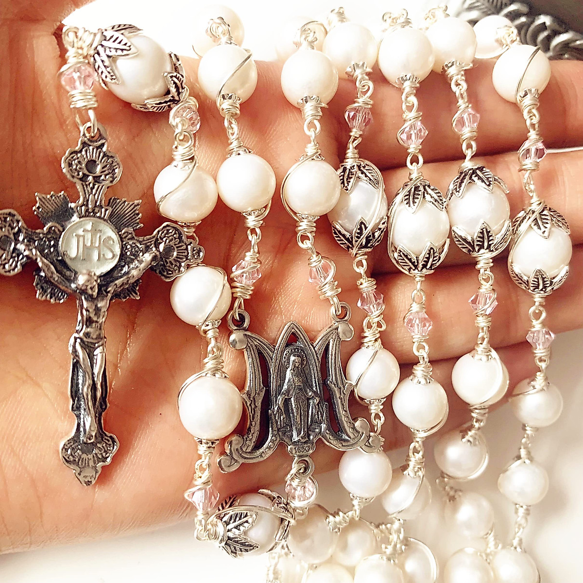 elegantmedical Handmade Sterling Silver White Pearl Beads Catholic Rosary Necklace Cross Crucifix Gift Box