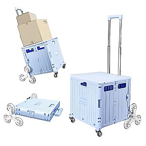 Honshine Foldable Cart with Stair Climbing Wheels, Collapsible Rolling Crate with Telescoping Handle, Handcart for Grocery Book File Tool Art Supplies(Blue)