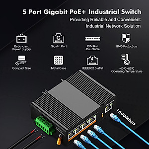 MokerLink 5 Port PoE Gigabit Industrial DIN-Rail Ethernet Switch, 14Gbps Switching Capacity, IP40 Rated Network Switch (-40 to 185°F), with UL Power Supply