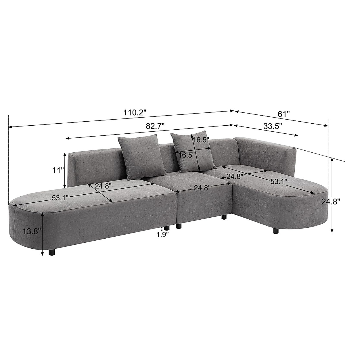 CALABASH Modern L Shaped U Style Seat Couch, Left Facing Sectional Modular Sofa, Convertible Upholstered 3-5 Seater Couches with 2 Pillows for Living Room, Bedroom, Office(Grey, 3 Seater Sofa)