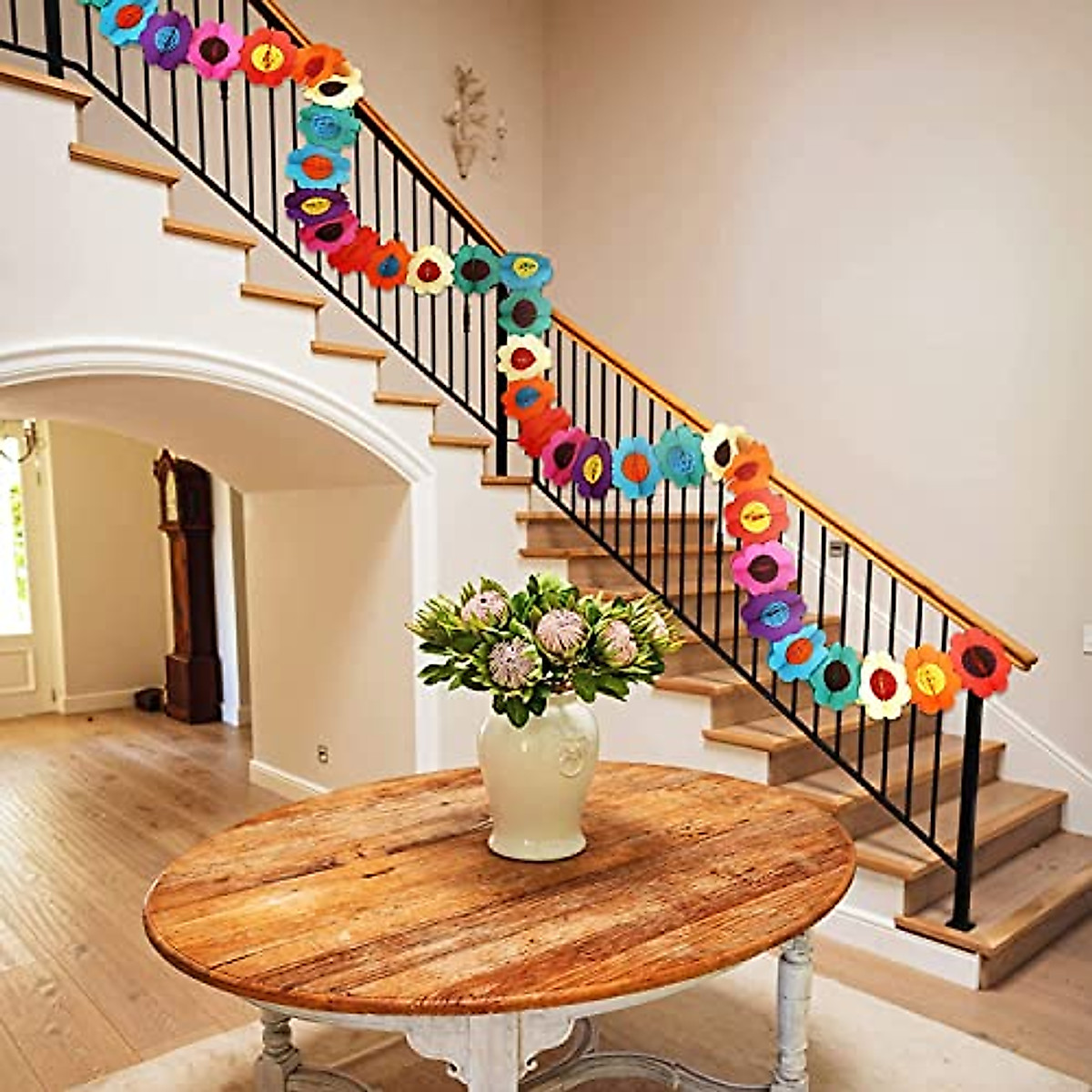 2pcs 9 Feet Rainbow Honeycomb Paper Garland Flower Banner,Mexican Paper Garland Hibiscus Garland,Large Tropical Tissue Paper Flowers for Luau Party Hawaiian Fiesta Handcrafted Hanging Decorations