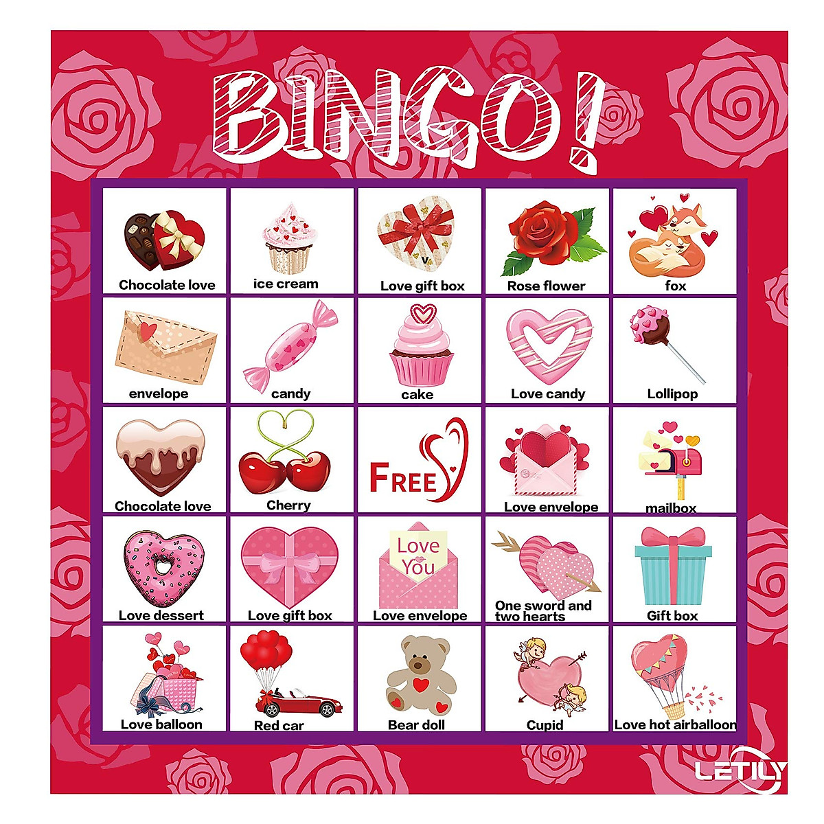 LETILY Bingo Cards Valentine Cards for Kids Adults-24 Players Valentine's Day Bingo Game for Kids Card Games School Classroom Games Birthday Party Favors Supplies Valentine Gifts for Boys Girls