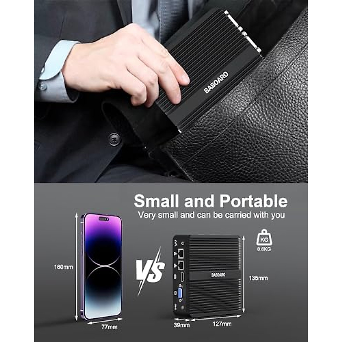 BASOARO Mini Industrial Computer, Micro PC, Celeron J4125 Processor, 8G RAM 1TB SSD, Gigabit Ethernet, 2*RS232 COM Port, HD/VGA Display, Dual Band WiFi, BT