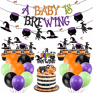 Halloween Baby Shower Decorations, Halloween A Baby is Brewing Banner Garland Halloween Cake Topper Balloons Set for Boy Girl Halloween Baby Shower Pregnancy Celebration Gender Reveal Party Supplies