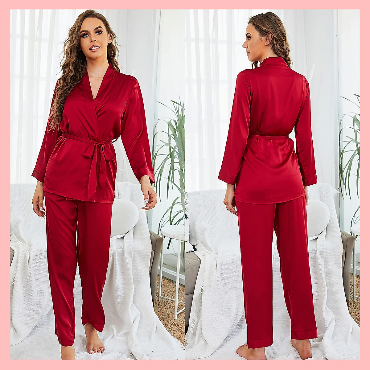 Arwser Women's Silk Satin Pajamas Set 4 Pcs Sleepwear Cami Top Pjs with Shorts and Robe Red