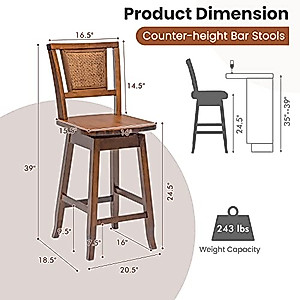 COSTWAY Bar Stools Set of 2, 24.5 Inch Counter Height Bar Stool with Rattan Back, 360°Swivel Seat, Comfortable Footrests, Rubber Wood Bar Stools for Kitchen Island, Dining Room, Cafe, Pub (2)