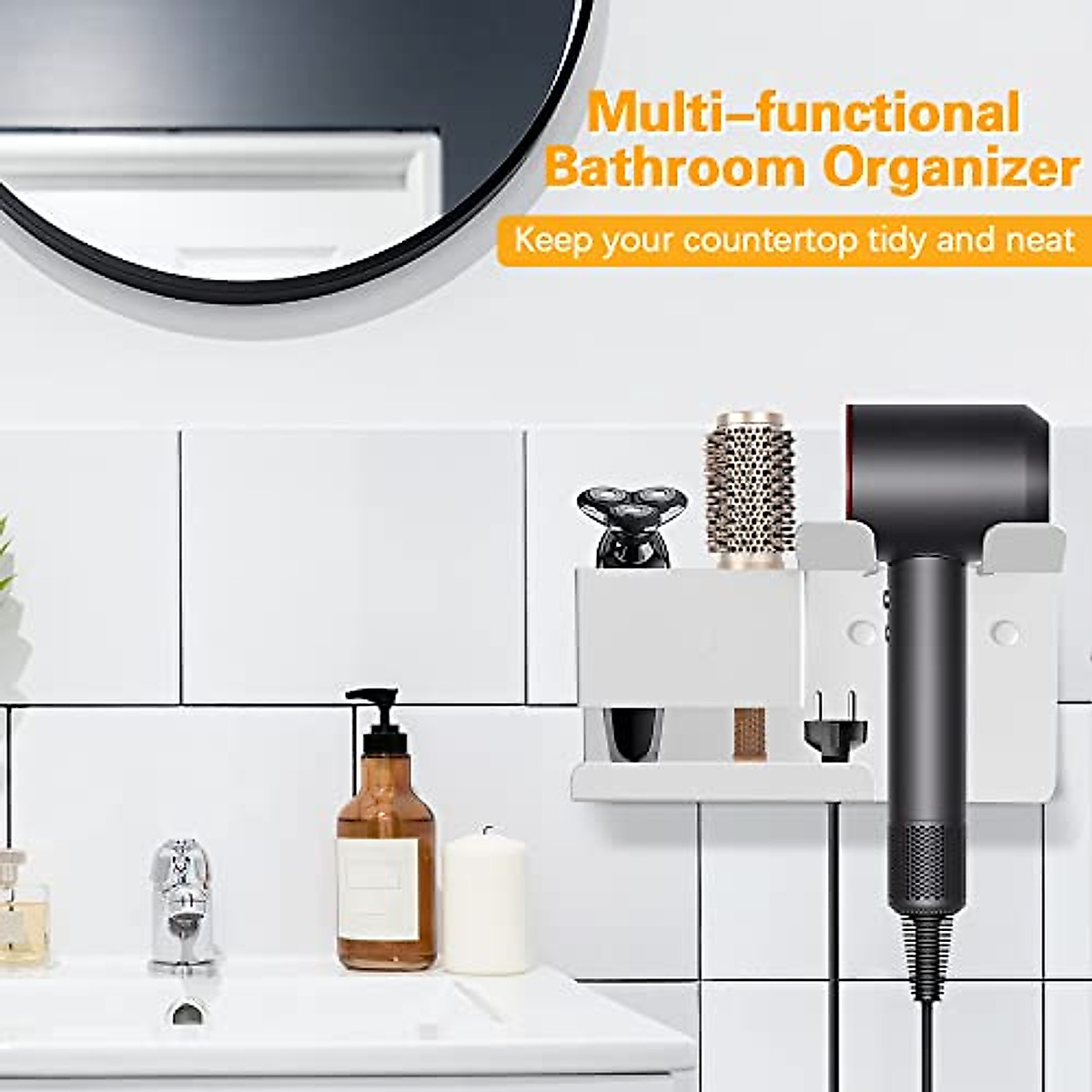 Hair Dryer Holder Wall Mounted, Metal Bathroom Hair Styling Tool Organizer Storage for Blow Dryer Straightener Flat Iron, Hot Hair Tool Holder