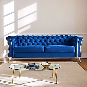 HRVEOCEI 87" Velvet Sofa with Gold Legs, Luxury Tufted Couch for Living Room,Chesterfield Sofa with Thick Cushion, Wide Armrest, High-Density Foam, Golden Metal Frame (Blue)