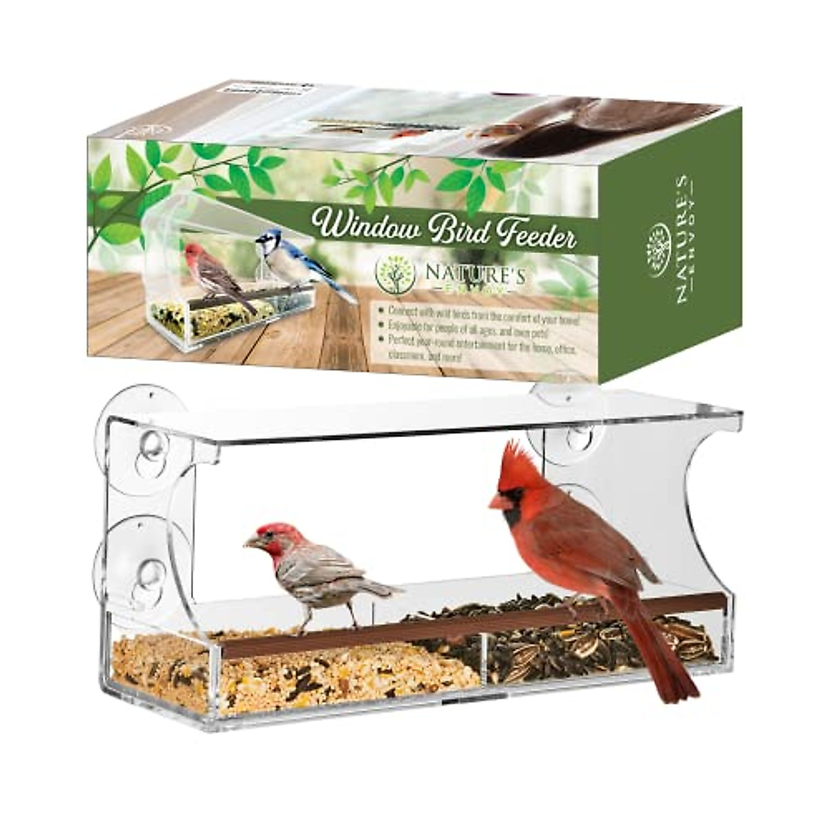 Nature's Envoy Window Bird Feeder – Clear View for Birdwatching - Strong Suction Cups for Outside - Slide Out Seed Tray w/Drain Holes for Easy Refill & Clean - Acrylic Outdoor Feeder for Wild Birds