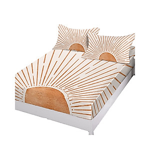 Fitted Sheet Set for Queen Size Bed Mid Century Boho Orange Sun Aesthetic Striped 3 Pieces Bedding Sheets-Deep Pocket Bedsheet Fits Mattress Upto 16",2 Pillow Cases Bedroom Decor Retro Beige