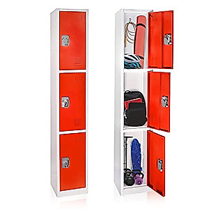 AdirOffice Large School Locker with 3 Doors 3 Hooks Storage Locker - Metal Storage Locker Cabinet Ideal for School, Garage, Office Lockers - (3 Door, Red)