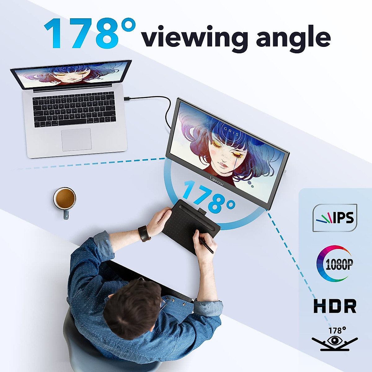 Lepow Portable Monitor C2S 15.4" Portable Laptop Monitor 1080P IPS Screen with Dual Speakers Foldable Kickstand HDMI USB Type-C Mini DP, External Travel Monitor for Laptop PC Phone Xbox Switch PS4