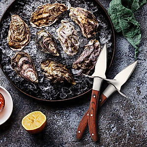 WENDOM Oyster Shucking Knife Pakka Wood Handle Oyster Shucker Opener Tool with Full Tang Blade, 2Knives+ Leather Sheath+Cut Resistant Gloves