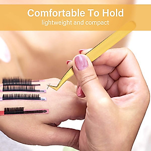 3 Pieces Volume Tweezers Eyelash Extension Tweezers Curved 6A Tip False Lash Tweezers Stainless Steel Precision Tweezers for Individual and 3D 6d Volume Eyelash Extension (Gold)