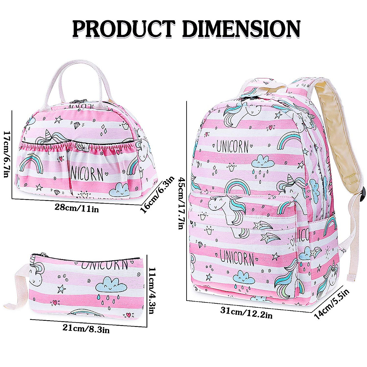Rainbow Unicorn Backpack Kids School Bag 3-in-1 Bookbag Set, Junlion Twinkle Laptop Backpack Lunch Bag Pencil Case for Teen Girls Womens