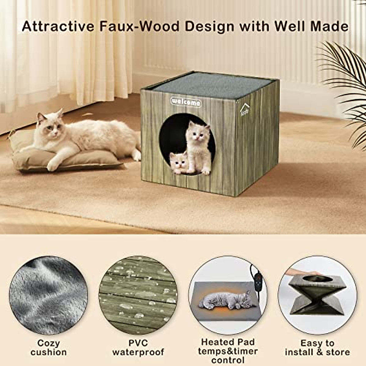 Cat House with Pet Heating Pads, Safe Indoor Outdoor Heated Kitty Shelter Winter Heat Mat w/ Electric Temperature Time Control, Easy Set Up