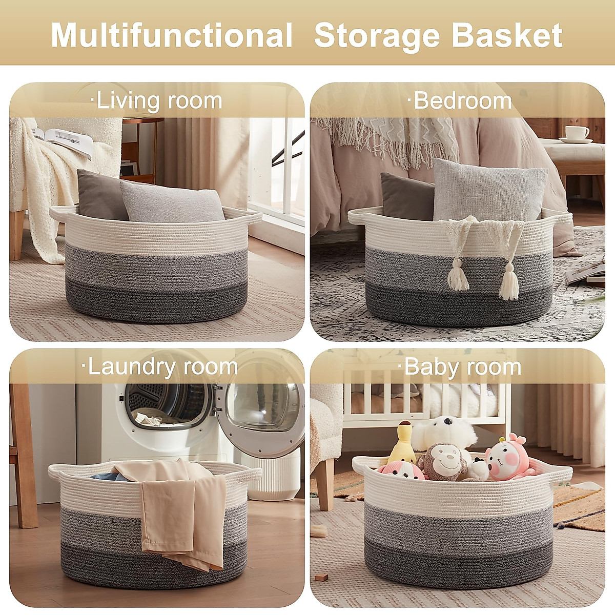 OIAHOMY Extra Large Storage Basket, 23" x 13" Woven Blanket Basket for Living Room, Round Woven Basket for Clothes, Laundry Basket for Pillow-Gradient Grey