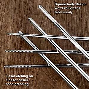 YTLX 5 Pairs Premium Stainless Steel Metal Chopsticks, Reusable Silver Chopsticks Dishwasher Safe, Square Lightweight Non-Slip Chop Sticks Easy to Use for Home Kitchen Hotel Restaurant