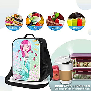 Kids Lunch Box, Insulated Lunch Bag for Girls, Pink Mermaid Cute Lunch Bag with Shoulder Strap, School Bento Lunch Box for Kids Toddlers Teens, Small Black Reusable Cooler Thermal Meal Tote Kit