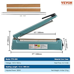 VEVOR Impulse Sealer 12 inch, Manual Heat Seal Machine with Adjustable Heating Mode, Iron Shrink Wrap Bag Sealers for Plastic Mylar PE PP Bags, Portable Poly Bag Sealing Machine with Extra Replace Kit