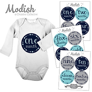 12 Monthly Baby Stickers, Baby Boy, Baby Belly Stickers, Baby Month Stickers, First Year Stickers Months 1-12, Arrows, Tribal, Navy, Blue, Teal, Aqua, Gray, Grey, Boy
