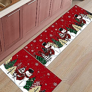 Miaklek Christmas Kitchen Rugs Set of 2 Anti Fatigue Mats for Kitchen Floor Cushioned Kitchen Rugs and Mats Non Slip Kitchen Runner Comfort Standing Mat, Cute Snowman Xmas Tree Winter Snowflake Red