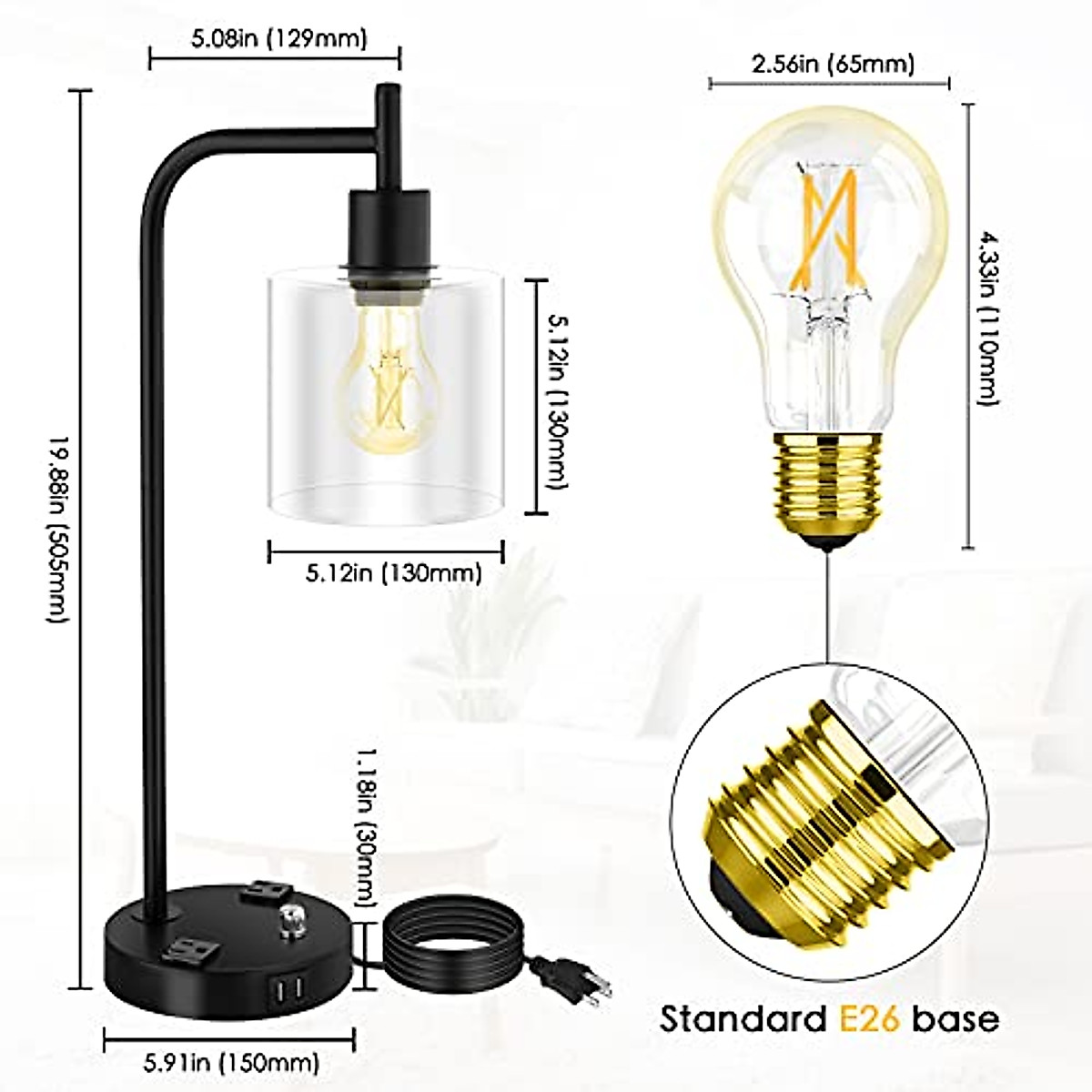 Upgraded Table Lamp, Fully Stepless Dimmable Desk Lamp with 2 USB Charging Ports and 2 AC Power Outlets, Modern Bedside Lamp with Glass Shade for Bedroom, Living Room, Office (Bulb Included)
